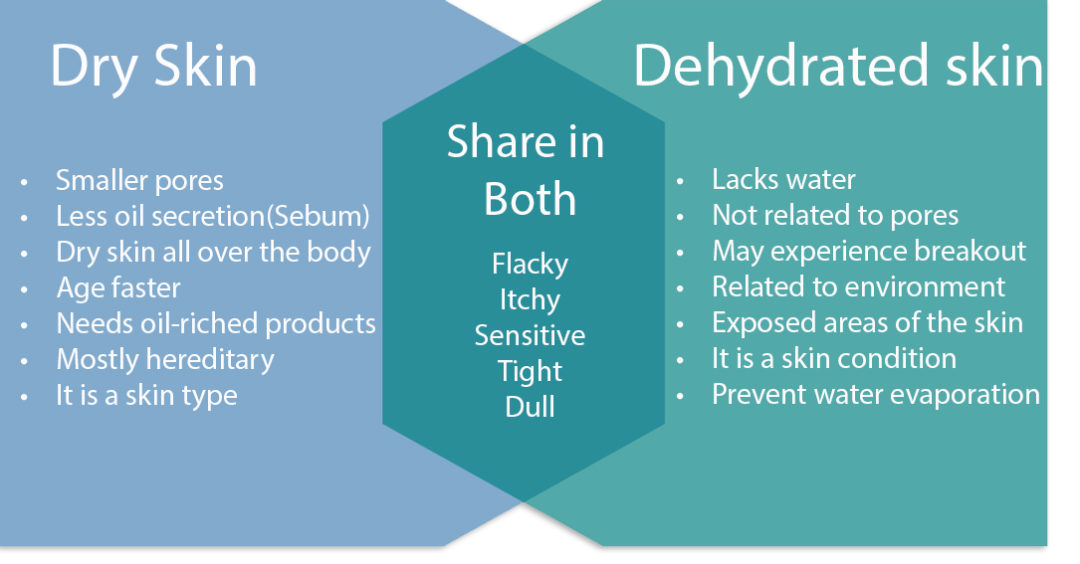 Dry skin is the lack of oil, dehydrated skin is the lack of water ...